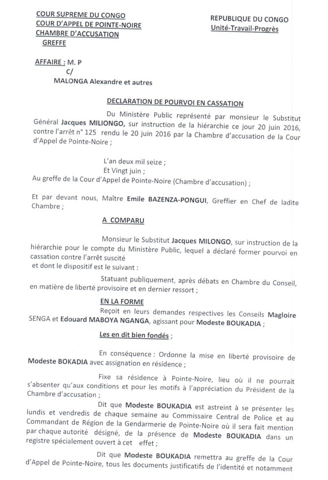 Pourvoi en Cassation du Ministre P. Mabiala contre la liberation du ...